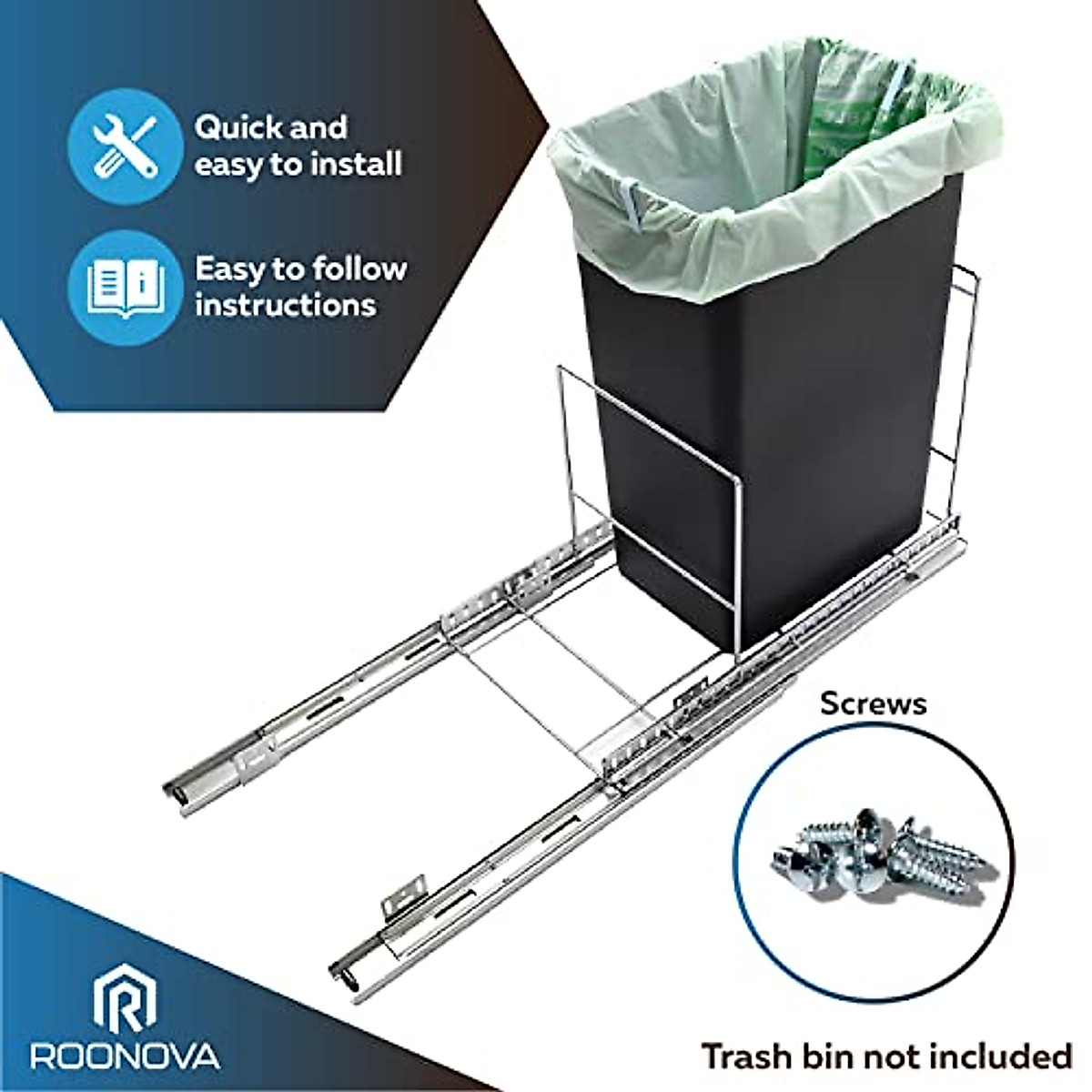 ROONOVA: Pull Out Bin Rack | Durable Chrome Finish & Adjustable Frame | Heavy Duty Steel | Slides Under Kitchen Cabinet | Trash Can Clips | Compatible with Various Size Bin | Trash Can Not Included