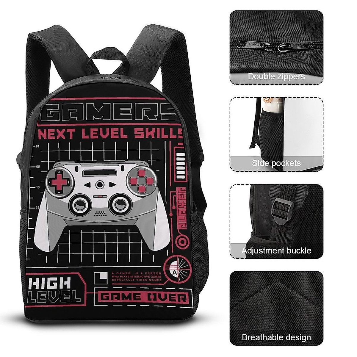 NAWFIVE Joystick Player Backpack with Lunch Box And Pencil Case Set Gamepad Controller Travel Daypack Bookbag for Men Women Laptop Backpack 3pcs