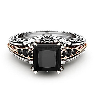 Koguxuix 925 Sterling Silver Black Gem Ring Square Cut Black Onyx Marcasite Cubic Zirconia Anniversary Promise Ring CZ Crystal Black Diamond Eternity Engagement Wedding Band Ring Size 6-10 (7)