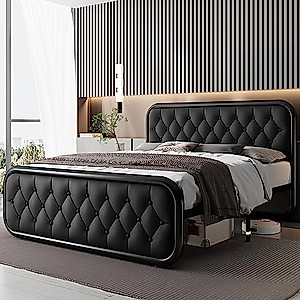 Feonase Queen Bed Frame with Rhombus Button Tufted, Oval-Shaped Metal Platform Bed with Faux Leather Headboard, Strong Slats Support, 12" Under-Bed Storage, Noise-Free, Easy Assembly, Black