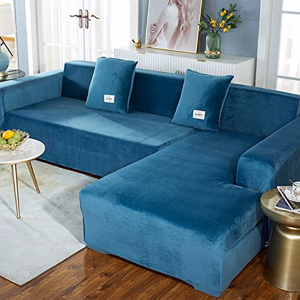 IMYOGI High Stretch Sofa Covers L Shape Thick Solid Color Sofa Cover Super Stretch Anti Slip Sofa Slipcovers Sectional Universal Furniture Protector for Kids & Pets -Blue-4 Seater+4 Seater