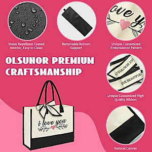 OLSUNOR Personalized I Love You Canvas Beach Bag Monogram Birthday Gifts for Women Embroidery Tote Bag w Makeup Bag Inner Zipper Pocket Customized Ribbon for Women, Mom, lover, Friends, Bridesmaids