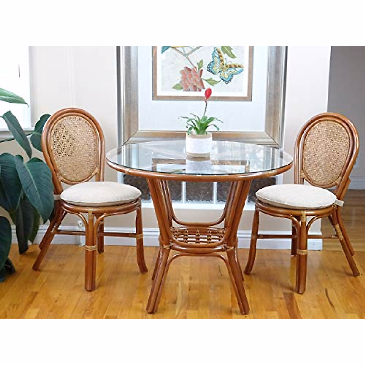 Set of 2 Denver Dining Handmade Wicker Side Chairs with Cream Cushions Natural Rattan, Colonial