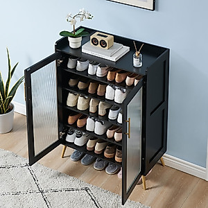 IDEALHOUSE Shoe Cabinet with Glass Doors, 5-Tier Entryway Shoe Organizer Storage Rack with Large Capacity and Adjustable Shelves for Hallway, Living Room, Black
