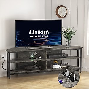 Unikito Corner TV Stand with Power Outlet, Corner Entertainment Center Media TV Console Table with 4 Open Storage Cabinet Shelve Wood TV Stand for Living Room for 55 inch TV, Gray Oak