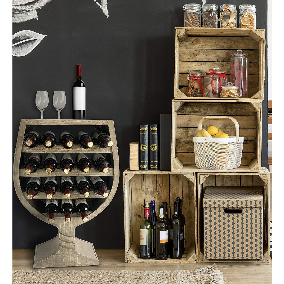 CoTa Global Modern Wine Glass Shaped Wall Mounted Wine Rack - 18 Bottles Freestanding Wooden Wine Holder, Hanging Bottle Rack or Floor Stand, Wine Storage Shelf Organizer for Wine Bar & Home Décor