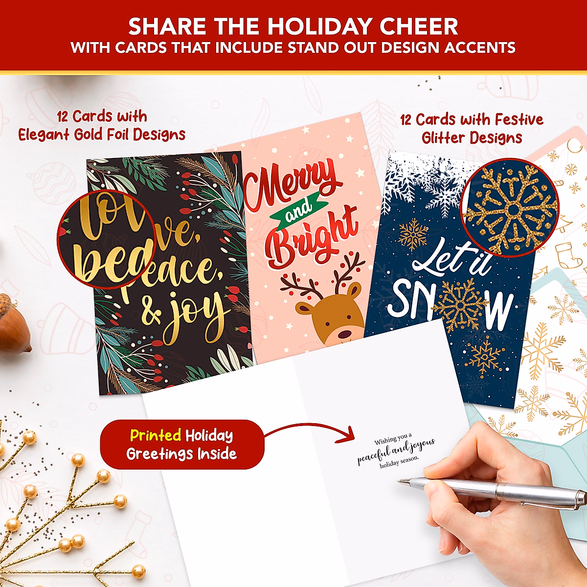 Decorably Special Season Cards with Envelopes & Stickers - 24 Pack Foiled & Glittery Christmas Cards with Envelopes Pack, Assorted Holiday Cards with Printed Message Inside, 4x6 Boxed Christmas Cards