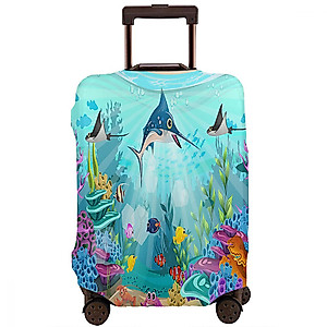 Wondertify Fish Coral Reefs Travel Suitcase Protector Sea Diversity Habitats Washable Elastic Luggage Cover With Concealed Zipper Fits 18-21 Inch Blue Red