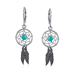 Blue Turquoise Western Jewelry Native American Indian Dream Catcher Feather Dangle Earrings For Women Teen .925 Sterling Silver