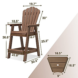 Psilvam Tall Adirondack Chair Set of 2, Poly Lumber Outdoor Bar Stools with Connecting Tray, 350Lbs Support Patio Chairs for Balcony, Deck, Weather Resistant Outdoor Patio Furniture Sets (Brown)