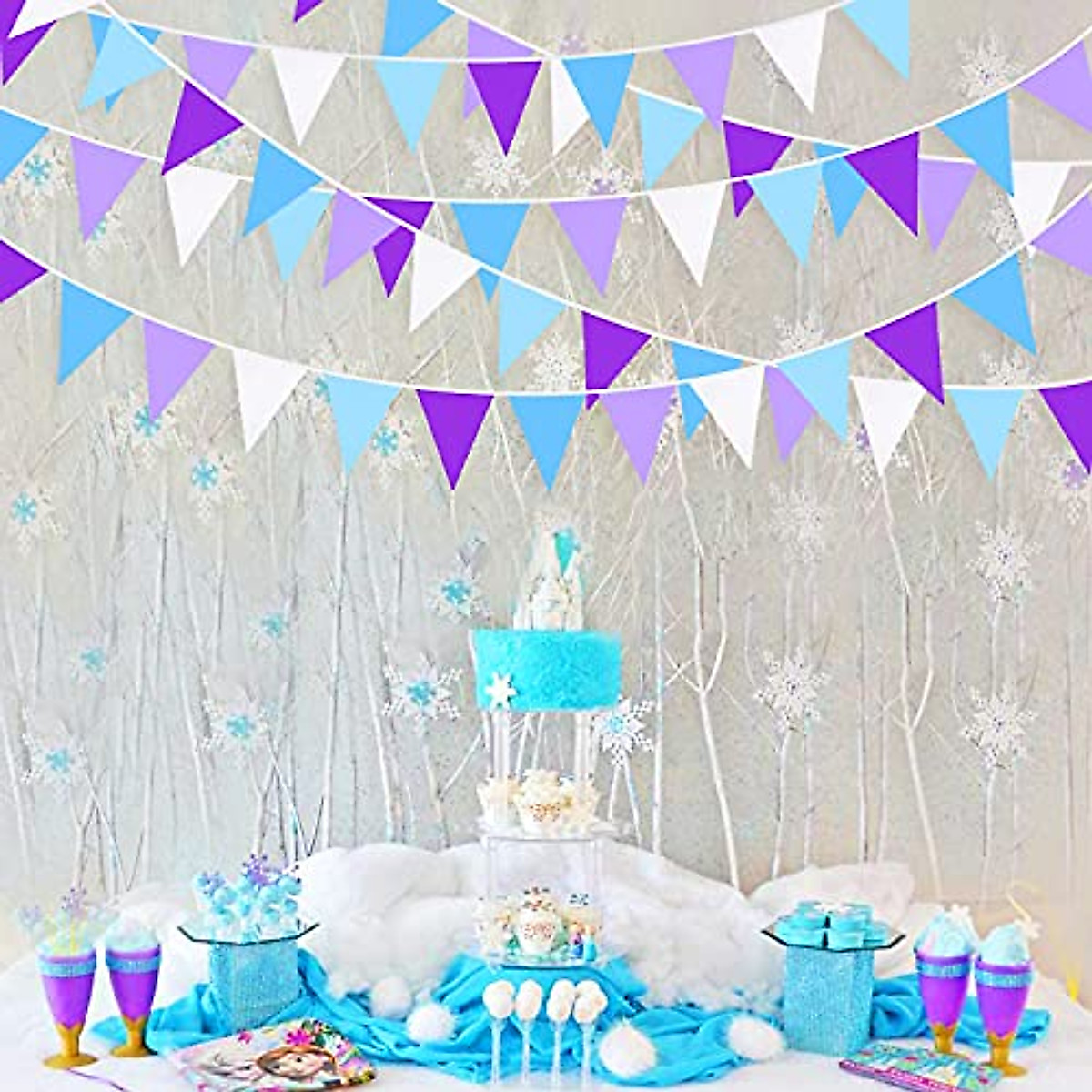 32Ft Purple Blue White Pennant Banner Fabric Triangle Flag Bunting Garland for Winter Frozen Party Wedding Birthday Anniversary Home Nursery Outdoor Garden Hanging Festivals Decoration (36Pcs)