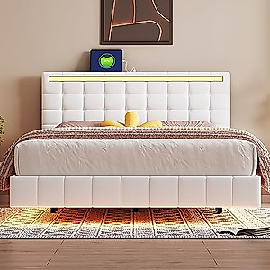 SIYSNKSI Modern Queen Upholstered Platform Bed with LED Lights, Floating Bed Frame with USB Charging and Headboard, Upholstered Platform Bed Frame for Kids Teens Adult Bedroom