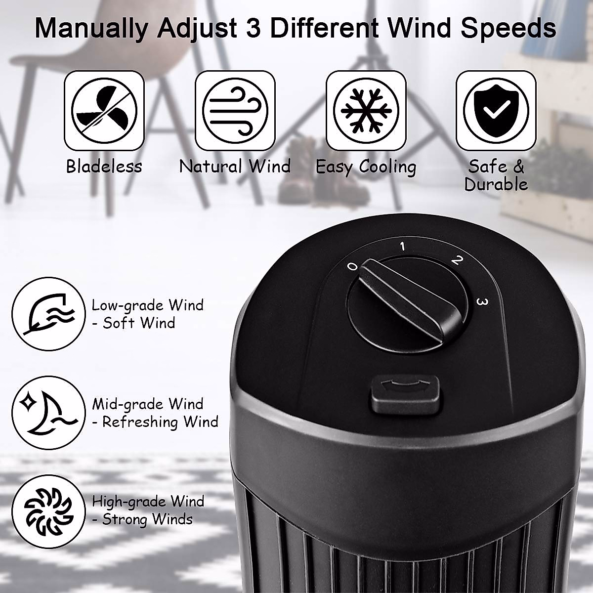 COSTWAY Tower Fan, 28-Inch Oscillating Tower Fan, Quiet Cooling Whole Room Bladeless, 3 Speed, 3 Wind Mode, Oscillating Tower Fan for Bedrooms, Living Rooms, Kitchen (Black)