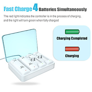 Battery Charger for Wii & Wii U Remote Controller,4pcs 2800mAh NiMH Rechargeable Battery Packs with 4-in-1 Charging Station for Wii & Wii U Game Remote [ Latest Upgrade Version]-White