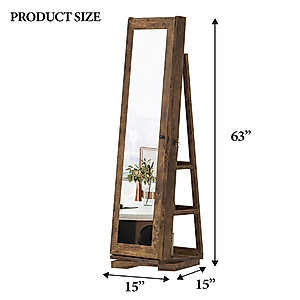 sogesfurniture Lockable Floor Standing Wooden Jewelry Armoire with Full Length Mirror 360°Rotatable Jewelry Organizer Cabinet Lockable with Storage Shelf, Rustic Brown,BHUS-QH-7021C-FG