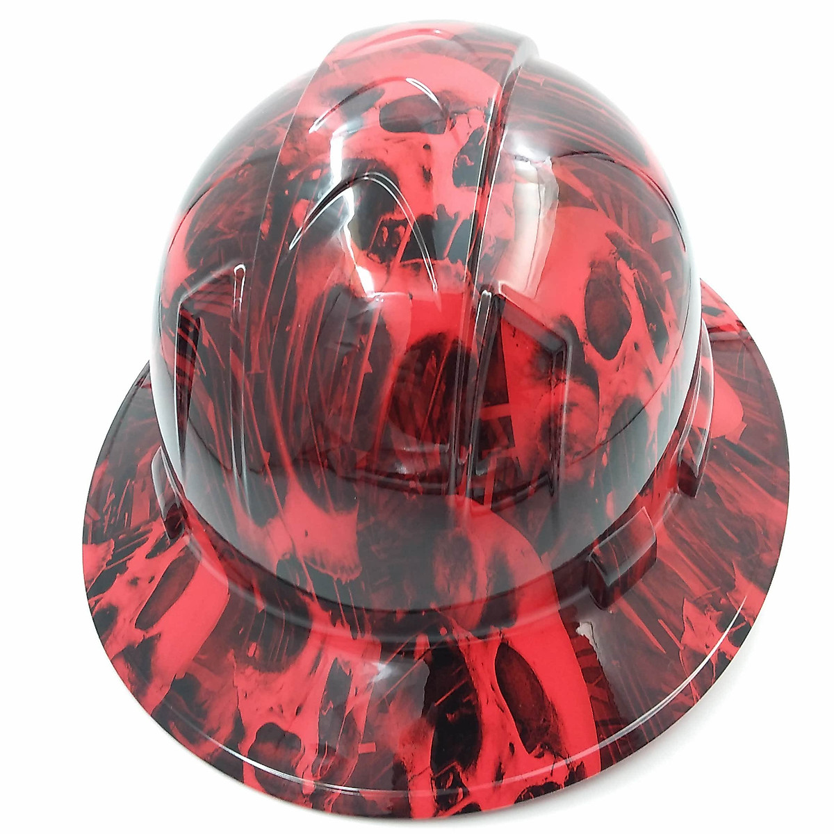 Wet Works Imaging Customized Pyramex Full BRIM RED Evil MELTING SKULL HARD HAT with Ratcheting Suspension
