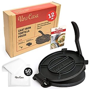 Uno Casa Tortilla Press 12 Inch Cast Iron - Heavy Duty 12 Inch Tortilla Press. Large Tortilla Press with 50 Parchment Papers - Tortilleras Mexicanas Para Hacer Tortillas