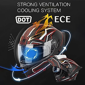 Bluetooth Modular Motorcycle Helmet DOT Approved Flip Up Full Face Integrated Anti-Fog Double Visor Helmet Street Bike Helmet Built-in Dual Speaker with Microphone for Adults Men and Women (Color : A