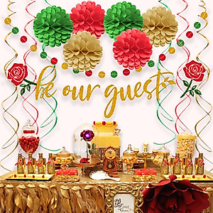 Aonor Beauty And The Beast Party Supplies - Be Our Guest Banner Sign, Pom Poms Flowers, Circle Dots Garland and Swirls for Bridal Shower, Engagement Party Decorations, Beauty And The Beast Decor
