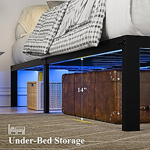 OLEVS Queen Size Bed Frame with USB and Typc C Charging Station, LED Lights, Metal Platform Frame with Heavy Duty Steel Slats, 14" Storage Space, No Noise