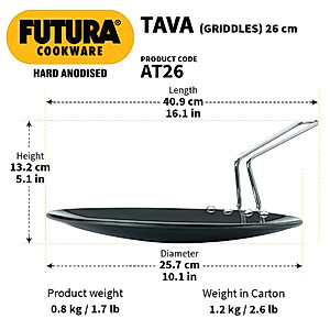 Futura 10inch Hard Anodised Concave Tava Griddle, 10-Inch, 4.88 with Steel Handle, 26 cm, Black