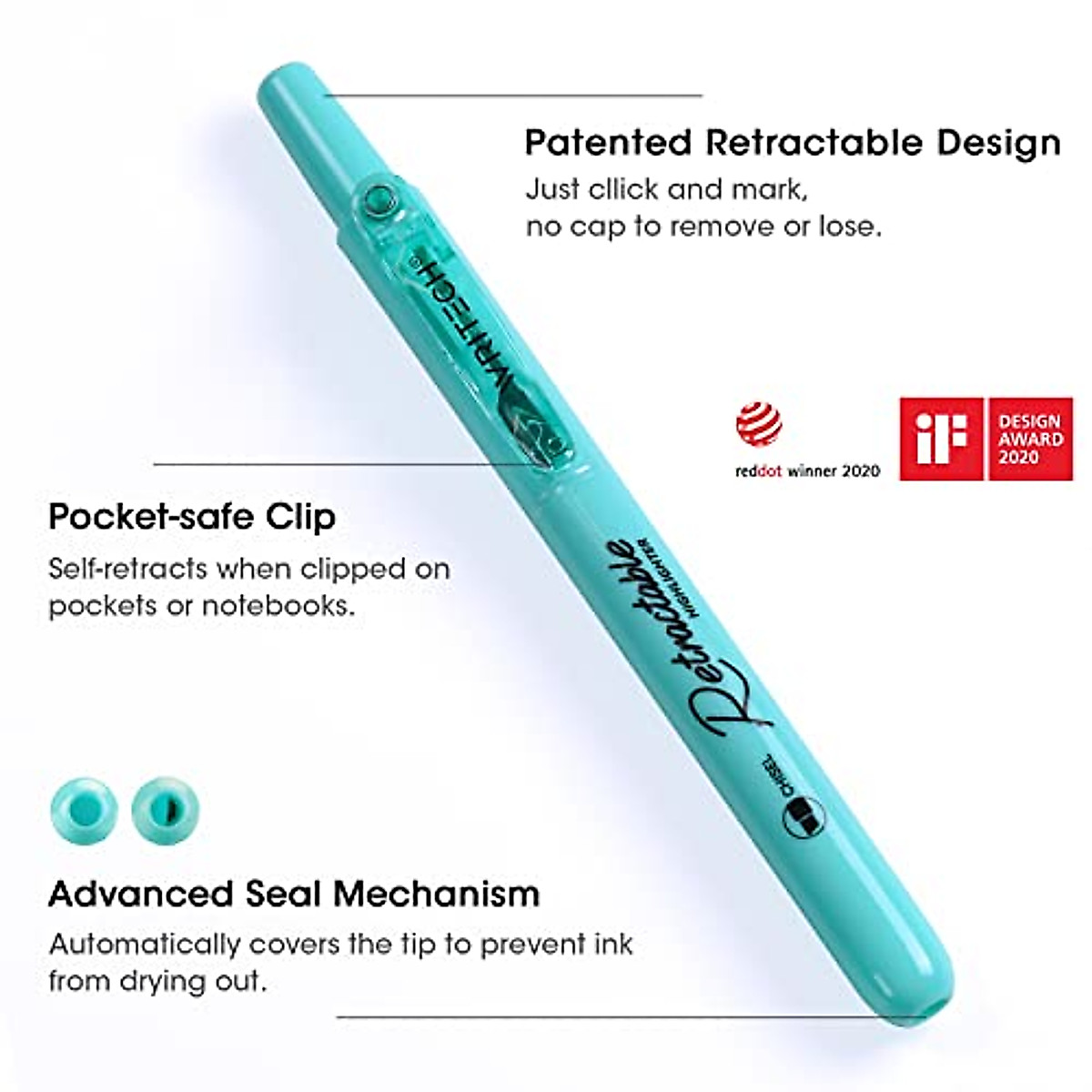 WRITECH Retractable Bible Highlighters Assorted: Pastel Colors No Bleed Aesthetic Marker Pen Chisel Tip, 12 pack