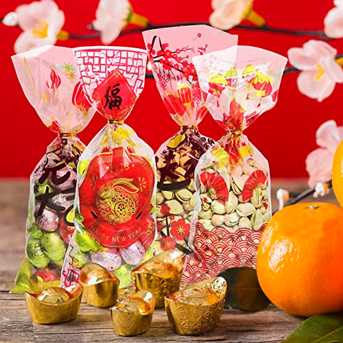 100 Pcs Chinese New Year Gift Bags, 4 Designs Chinese New Year Goodie Bags Lunar New Year Spring Festival Year of the Rabbit Cellophane Treat Candy Favor Red Bags for Chinese New Year 2023 Decorations and Party Supplies