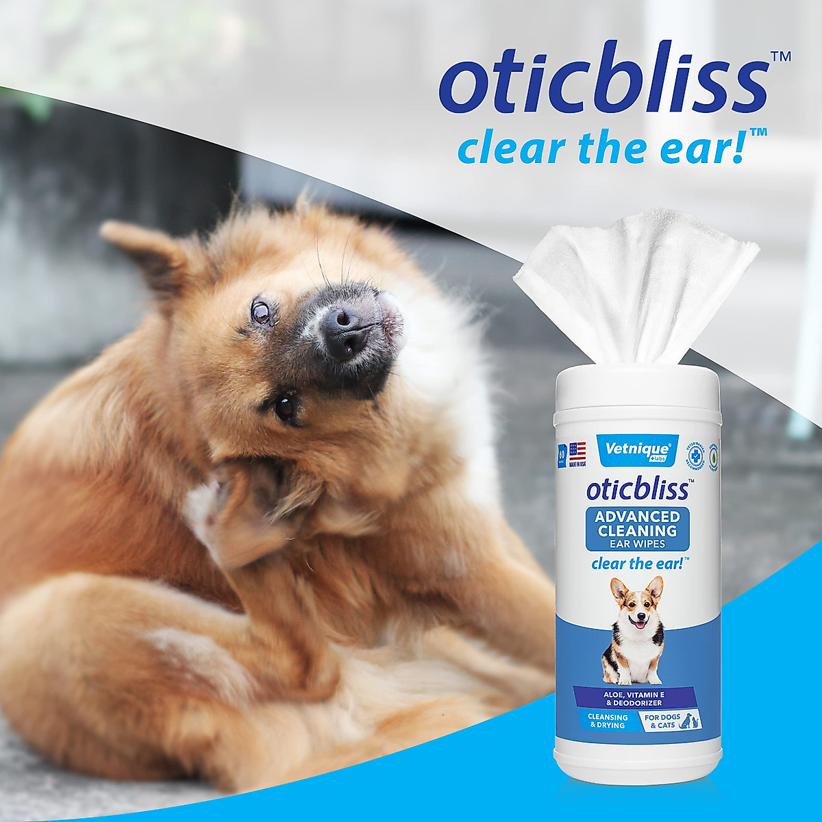 Oticbliss Advanced Cleaning Wipes XL (60 Ct) and Oticbliss Advanced Cleaning Flush (8 oz) Bundle Complete Dog Ear Care with Dog Ear Cleaning Wipes Plus Ear Cleaning Solution for Dogs