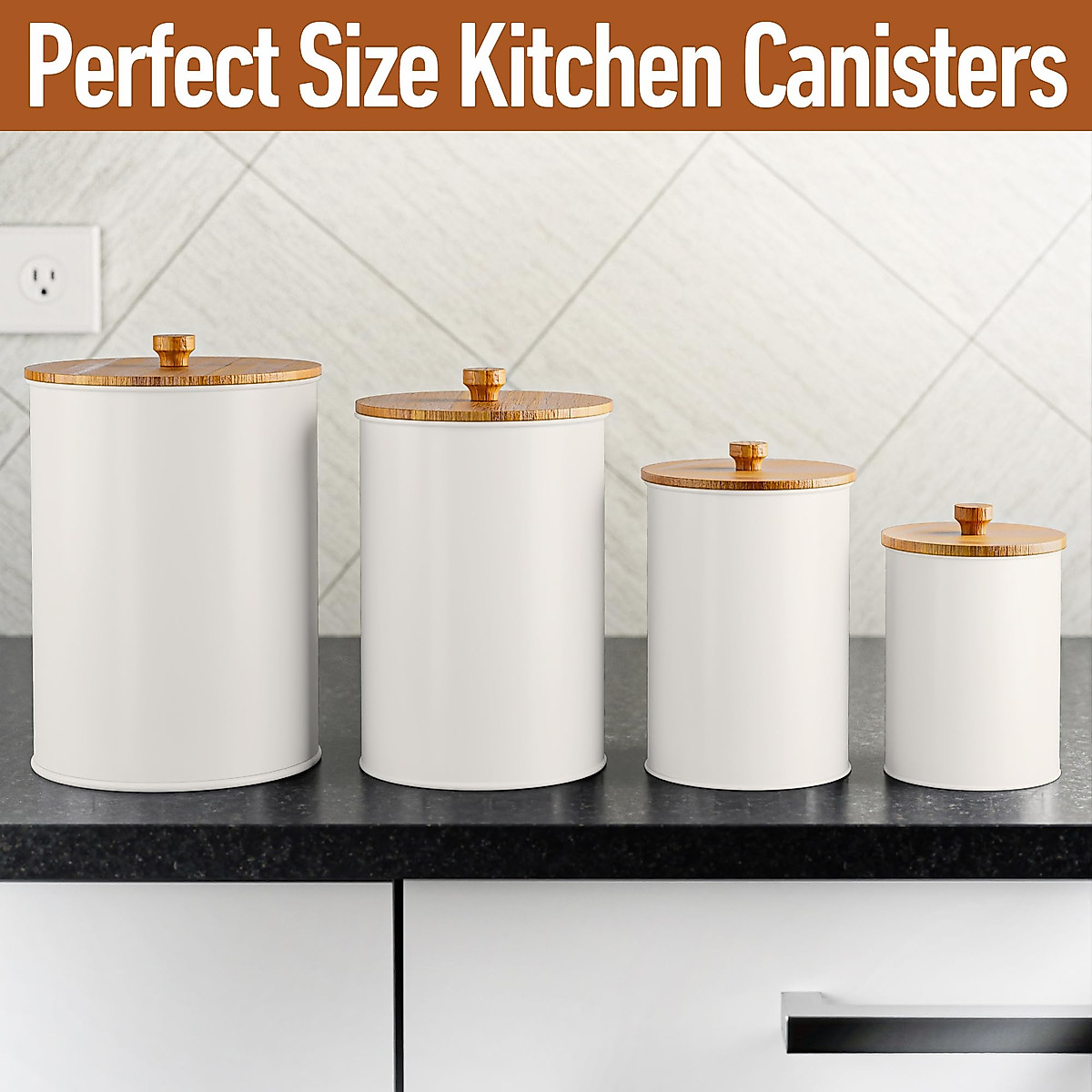 Kitchen Canisters for Countertop Set of 4 with Customizable Chalkboard Labels & Marker Pen - Big Iron Kitchen Canisters with Airtight Lids - Canisters Sets for the Kitchen - White Kitchen Canister Set