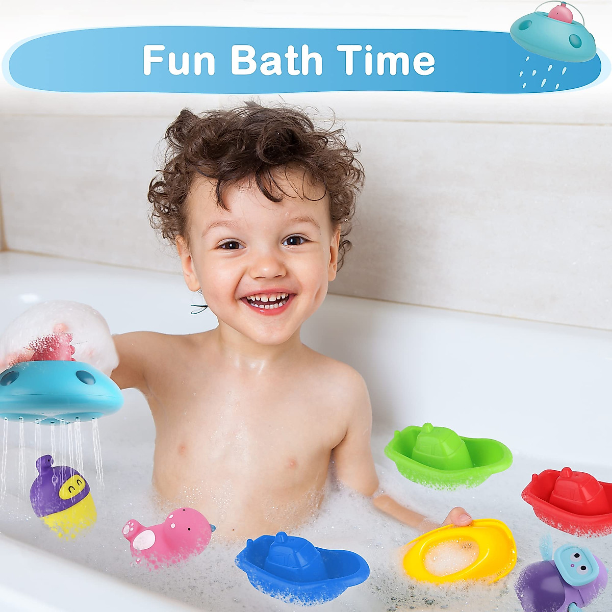 iPlay, iLearn Bath Toys for Toddlers 1-3, Baby Bathtub Pool Toys, Infant Fun Bath Tub Time, Floating Stacking Boats Water Toy, Birthday Shower Gift Set for 6 9 12 18 Month 1 2 3 Year Girls Boys Kids