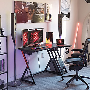 CubiCubi Carrier Gaming Desk 47 inch Gamer Workstation, Home Computer Carbon Fiber Surface Gaming Desk PC Table with Monitor Stand