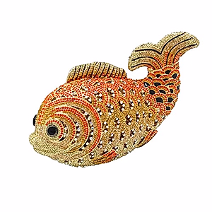 Tngan Women Mini Fish Clutch Luxury Rhinestones Purse Sparkling Banquet Handbag Wedding Party Clutch Bag, Gold Orange