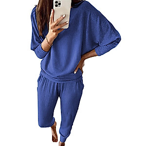 PRETTYGARDEN Women's 2024 Fall Fashion Outfits 2 Piece Sweatsuit Solid Color Long Sleeve Pullover Long Pants (Blue,Medium)