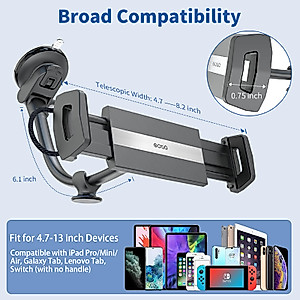 OQTIQ Tablet Holder for Car Dashboard Windshield Car Tablet Mount for Truck Strong Suction Cup Flexible Gooseneck Compatible with iPad Pro, Air, Mini, Galaxy, Fire, 4.7-13" Tablets, and 4-7" Phones