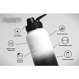 Purify Sports Water Bottle – 32Oz, 2 Lids (Open Lid), Leak Proof, Vacuum Insulated Stainless Steel, Double Walled, Thermo Mug, Metal Canteen