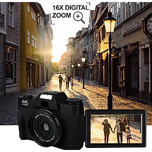 eDealz 4K 48MP Digital Camera Photography with 3’’ 180° Flip Screen, WiFi, 16X Zoom, Rechargeable Battery, 64GB Micro SD Card, 6 PC Card Holder USB Card Reader (Black)