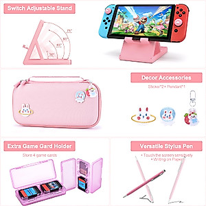innoAura Switch Case for NS Switch 19 in 1 Switch Accessories Bundle with Switch Carrying Case, Switch Game Case, Switch Screen Protector, Switch Stand, Switch Thumb Grips (Pink)