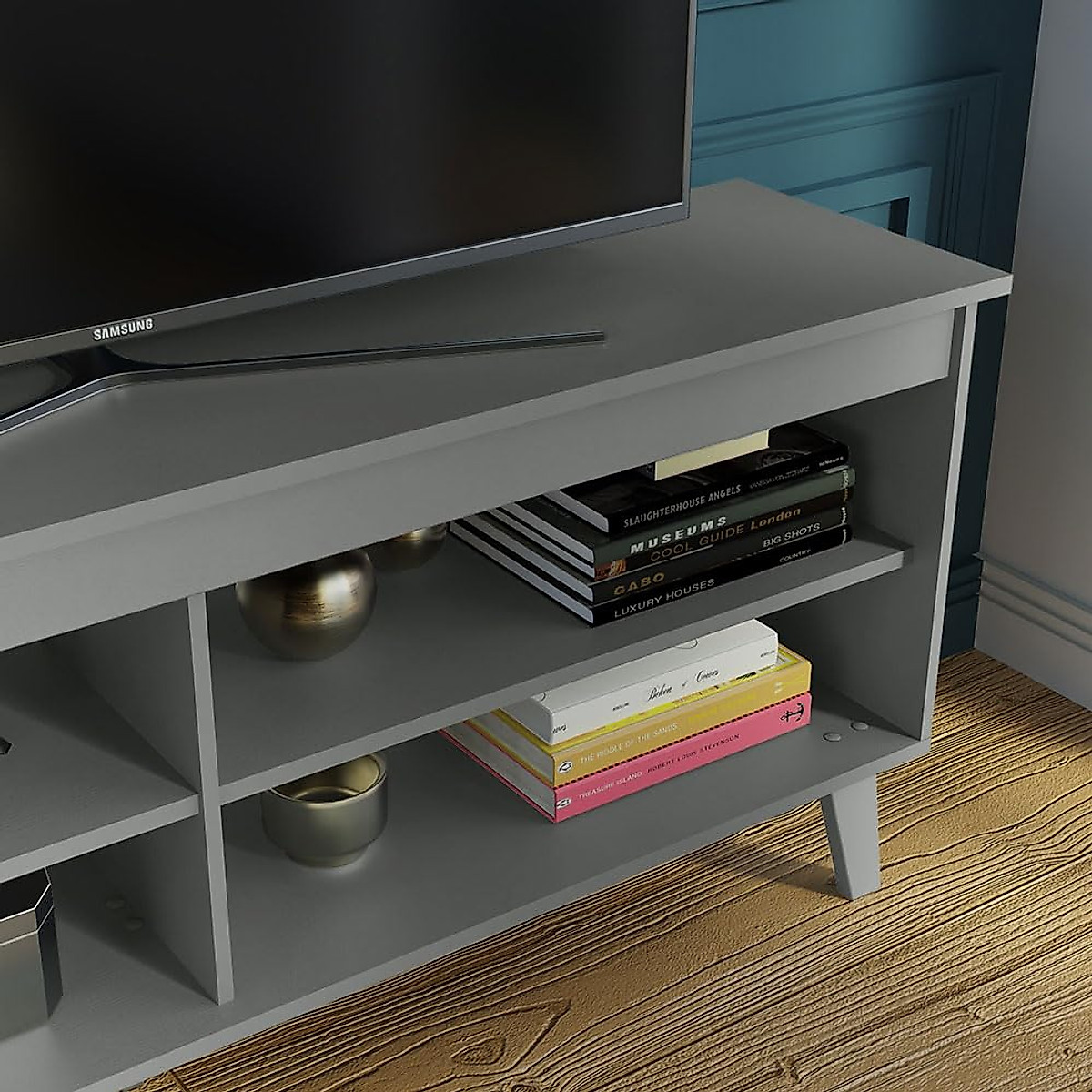 Madesa Compact TV Stand Cabinet with 4 Shelves and Cable Management for 50, 55 Inch TV Media Storage Unit Living Room and Bedroom Modern Wooden Television Media Console - Grey