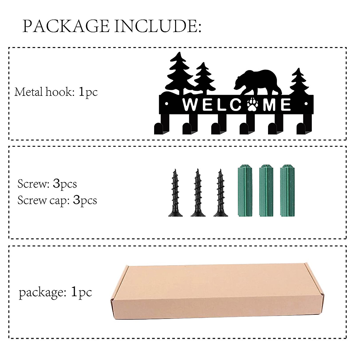 CREATCABIN Metal Key Holder Black Key Hooks Wall Mount Hanger Decor Iron Hanging Organizer Rock Decorative 6 Hooks Welcome Bear for Home Housewarming Gift Entryway Cabinet Hat Towel 10.6 x 5.5inch