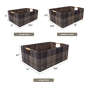 ANMINY 2PCS Storage Bins Set Foldable Cotton Linen Open Storage Baskets Box with Wood Handles Decorative Shelf Closet Clothes Towel Laundry Organizer Container - Medium, Coffee Plaid