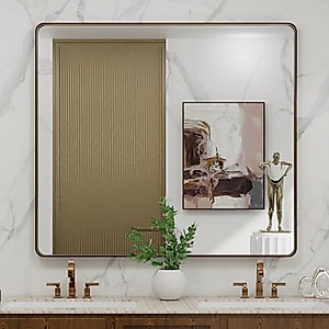 LOAAO 40”X36” Bronze Bathroom Mirrors for Vanity, Rounded Rectangle Brushed Bronze Metal Frame Mirror, Anti-Rust, Tempered Glass, Hangs Horizontally or Vertically
