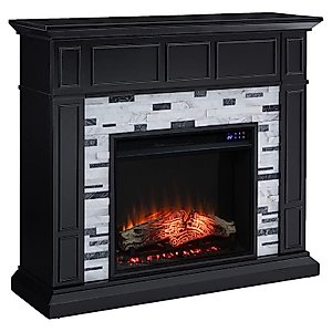 BOWERY HILL Modern Wood-Marble Electric Fireplace in Black Finish