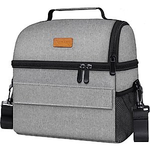 Naukay Lunch Box for Men Women, Dual Compartment Lunch Bag, Reusable Insulated Lunch Bags Large Lunch Box Cooler Tote Bags with Adjustable Shoulder Strap for Office Work Picnic Hiking Fishing, Grey