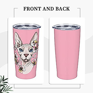 Sphynx Cat With Cherry Flowers Stainless Steel Tumbler With Lid And Straw 20oz Insulated Coffee Mug & Tea Cup Travel Coffee Mug Car Thermos Cup