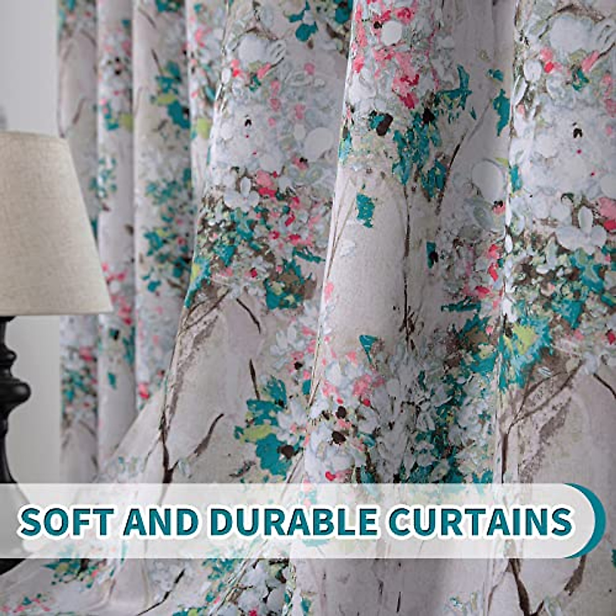 MYSKY HOME Floral Blackout Curtains 72 inches Long Pink and Blue Curtains Farmhouse Curtains Room Darkening Window Curtains for Living Room Printed Flower Leaves Grommet Curtains Panels