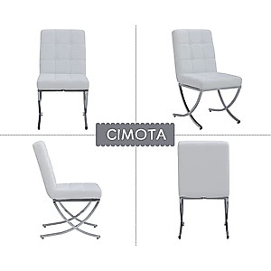 CIMOTA Modern White Dining Chairs Set of 6 Upholstered Tufted Leather Dining Room Chairs Kitchen Chairs Comfy Armless Side Chairs with Chrome Metal X Legs for Dining Room/Living Room, PU White/6PCS