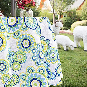 Lamberia Waterproof Tablecloth with Umbrella Hole, 60 Inch Round Tablecloth, Spring/Summer Table Cover for Garden(60" Round, Zippered, Light Blue)