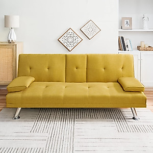 Naomi Home Transform Your Living Space with Comfort Green Futon Sofa Bed with Armrest, Cupholders, & Reclining Function, Ideal for Cozy Living Rooms! Sofa Bed Couch with Metal Legs, Yellow Linen