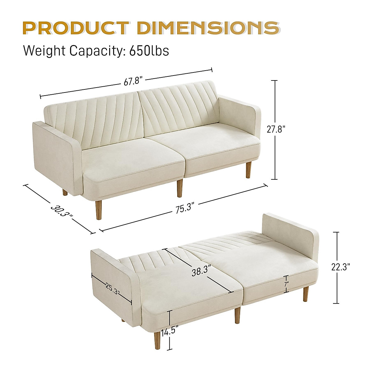 OUYESSIR Futon Sofa Bed, 75.3", Couch, Small Sofa, Sleeper Sofa, Loveseat, Mid Century Modern Velvet Futon Couch with 2 Pillows for Living Room (Beige White Velvet, Futon)