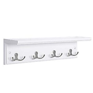 SONGMICS Coat Rack with Shelf, Wall-Mounted Coat Rack, with 4 Metal Dual Hooks for Coats, Bags, for Entryway, Bedroom, Living Room, White ULHR42WT